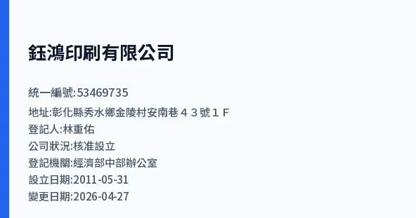 鈺鴻印刷有限公司的照片-統編 53469735(彰化縣) 公司登記資料與營業項目詳細圖表