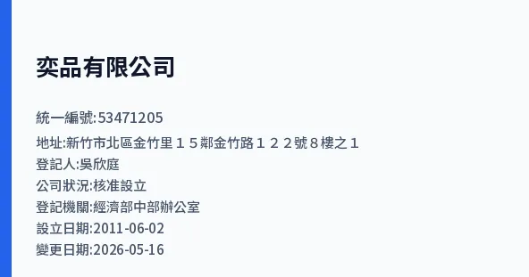 奕品有限公司的照片-統編 53471205(新竹市) 公司登記資料與營業項目詳細圖表