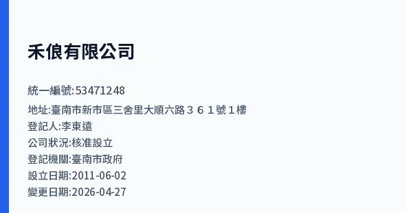 禾俍有限公司的照片-統編 53471248(臺南市) 公司登記資料與營業項目詳細圖表