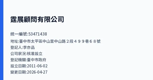 霆展顧問有限公司的照片-統編 53471438(臺中市) 公司登記資料與營業項目詳細圖表
