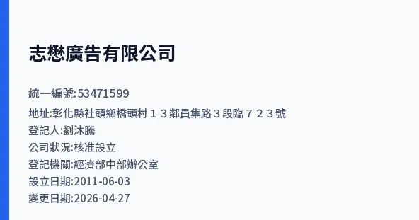 志懋廣告有限公司的照片-統編 53471599(彰化縣) 公司登記資料與營業項目詳細圖表