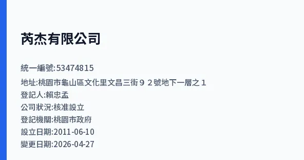 芮杰有限公司的照片-統編 53474815(桃園市) 公司登記資料與營業項目詳細圖表