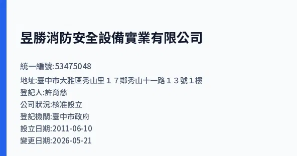 昱勝消防安全設備實業有限公司的照片-統編 53475048(臺中市) 公司登記資料與營業項目詳細圖表