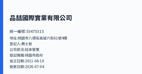 品喆國際實業有限公司的照片-統編 53475315(桃園市) 公司登記資料與營業項目詳細圖表