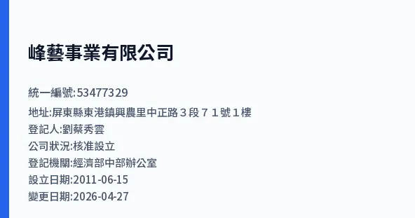 峰藝事業有限公司的照片-統編 53477329(屏東縣) 公司登記資料與營業項目詳細圖表