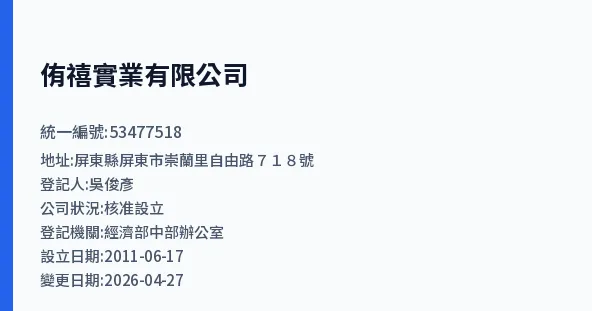 侑禧實業有限公司的照片-統編 53477518(屏東縣) 公司登記資料與營業項目詳細圖表