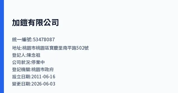 加鎧有限公司的照片-統編 53478087(桃園市) 公司登記資料與營業項目詳細圖表