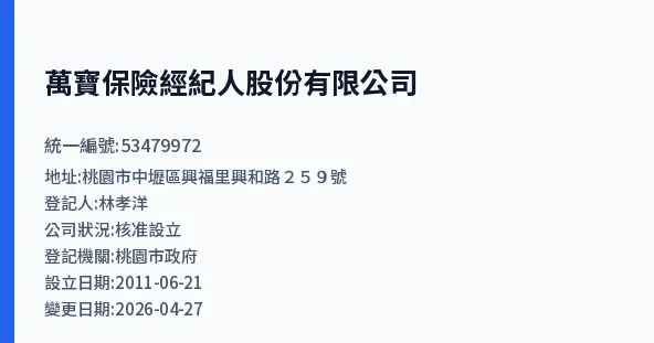 萬寶保險經紀人股份有限公司的照片-統編 53479972(桃園市) 公司登記資料與營業項目詳細圖表