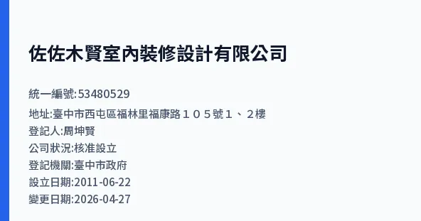 佐佐木賢室內裝修設計有限公司的照片-統編 53480529(臺中市) 公司登記資料與營業項目詳細圖表