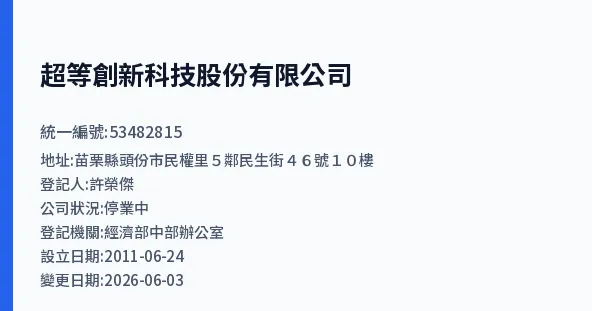 超等創新科技股份有限公司的照片-統編 53482815(苗栗縣) 公司登記資料與營業項目詳細圖表