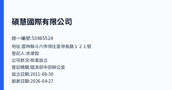 碩慧國際有限公司的照片-統編 53485524(雲林縣) 公司登記資料與營業項目詳細圖表
