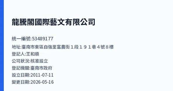 龍騰閣國際藝文有限公司的照片-統編 53489177(臺南市) 公司登記資料與營業項目詳細圖表