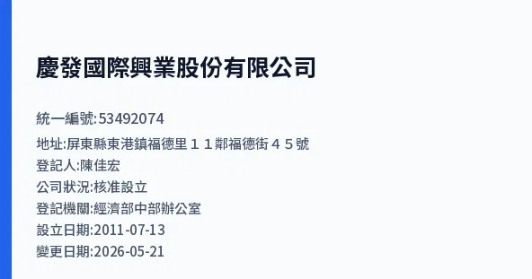 慶發國際興業股份有限公司的照片-統編 53492074(屏東縣) 公司登記資料與營業項目詳細圖表