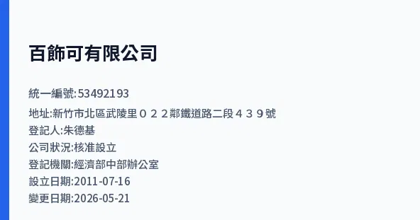 百飾可有限公司的照片-統編 53492193(新竹市) 公司登記資料與營業項目詳細圖表