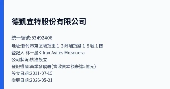 德凱宜特股份有限公司的照片-統編 53492406(新竹市) 公司登記資料與營業項目詳細圖表