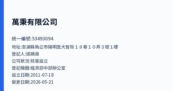 萬秉有限公司的照片-統編 53493094(澎湖縣) 公司登記資料與營業項目詳細圖表