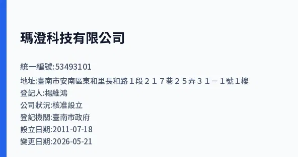 瑪澄科技有限公司的照片-統編 53493101(臺南市) 公司登記資料與營業項目詳細圖表
