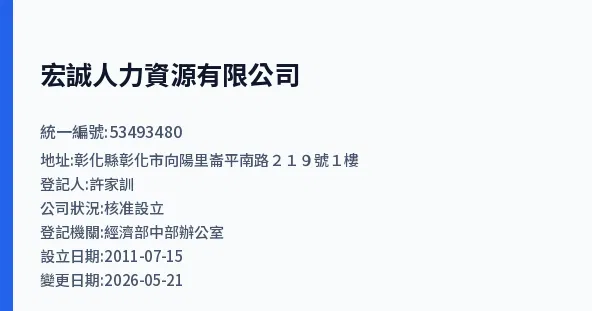 宏誠人力資源有限公司的照片-統編 53493480(彰化縣) 公司登記資料與營業項目詳細圖表