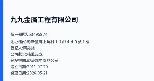 九九金屬工程有限公司的照片-統編 53495874(新竹縣) 公司登記資料與營業項目詳細圖表