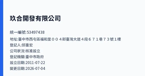 玖合開發有限公司的照片-統編 53497438(臺中市) 公司登記資料與營業項目詳細圖表