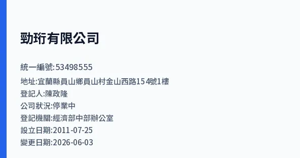 勁珩有限公司的照片-統編 53498555(宜蘭縣) 公司登記資料與營業項目詳細圖表