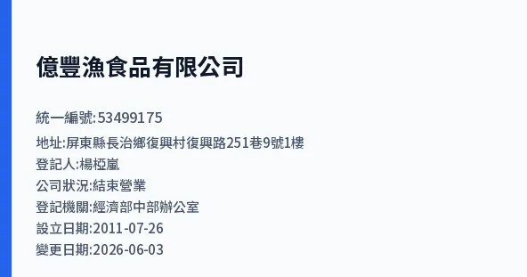 億豐漁食品有限公司的照片-統編 53499175(屏東縣) 公司登記資料與營業項目詳細圖表