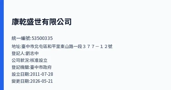 康乾盛世有限公司的照片-統編 53500335(臺中市) 公司登記資料與營業項目詳細圖表