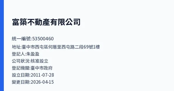 富築不動產有限公司的照片-統編 53500460(臺中市) 公司登記資料與營業項目詳細圖表