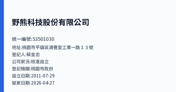 野熊科技股份有限公司的照片-統編 53501030(桃園市) 公司登記資料與營業項目詳細圖表