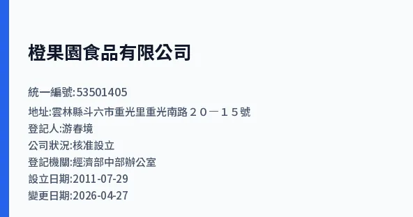 橙果園食品有限公司的照片-統編 53501405(雲林縣) 公司登記資料與營業項目詳細圖表