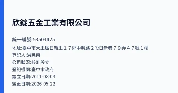 欣錠五金工業有限公司的照片-統編 53503425(臺中市) 公司登記資料與營業項目詳細圖表