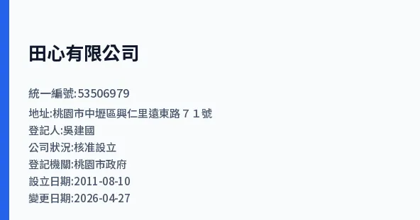 田心有限公司的照片-統編 53506979(桃園市) 公司登記資料與營業項目詳細圖表