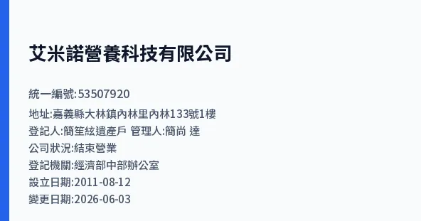 艾米諾營養科技有限公司的照片-統編 53507920(嘉義縣) 公司登記資料與營業項目詳細圖表