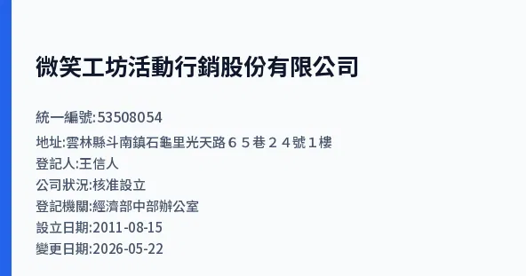 微笑工坊活動行銷股份有限公司的照片-統編 53508054(雲林縣) 公司登記資料與營業項目詳細圖表