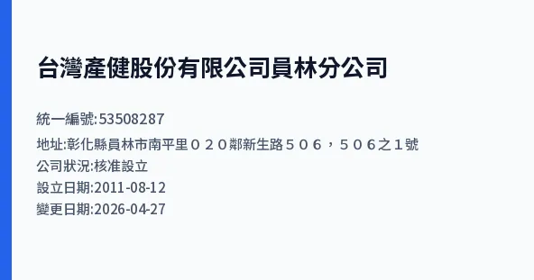 台灣產健股份有限公司員林分公司的照片-統編 53508287(彰化縣) 公司登記資料與營業項目詳細圖表
