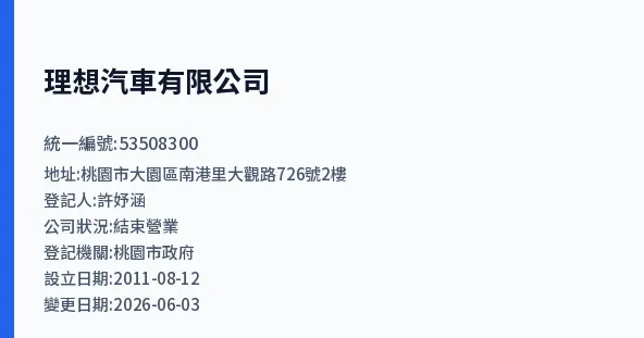 理想汽車有限公司的照片-統編 53508300(桃園市) 公司登記資料與營業項目詳細圖表