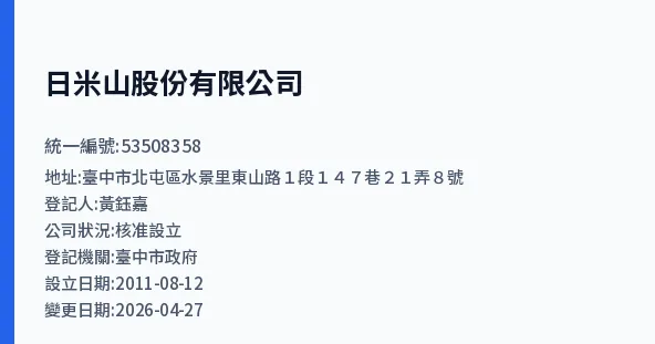 日米山股份有限公司的照片-統編 53508358(臺中市) 公司登記資料與營業項目詳細圖表