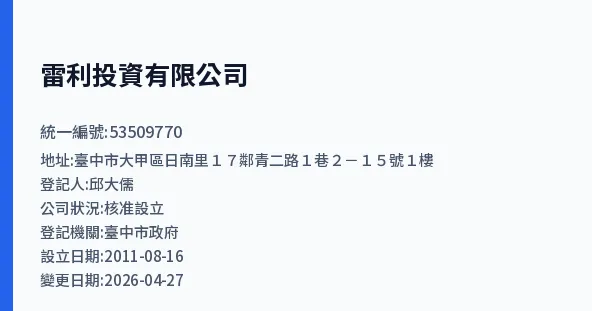雷利投資有限公司的照片-統編 53509770(臺中市) 公司登記資料與營業項目詳細圖表