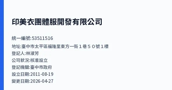 印美衣團體服開發有限公司的照片-統編 53511516(臺中市) 公司登記資料與營業項目詳細圖表