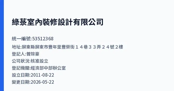綠菉室內裝修設計有限公司的照片-統編 53512368(屏東縣) 公司登記資料與營業項目詳細圖表