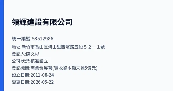 領輝建設有限公司的照片-統編 53512986(新竹市) 公司登記資料與營業項目詳細圖表