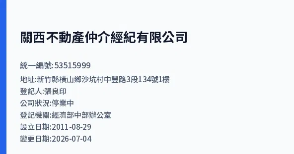 關西不動產仲介經紀有限公司的照片-統編 53515999(新竹縣) 公司登記資料與營業項目詳細圖表