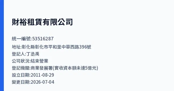 財裕租賃有限公司的照片-統編 53516287(彰化縣) 公司登記資料與營業項目詳細圖表