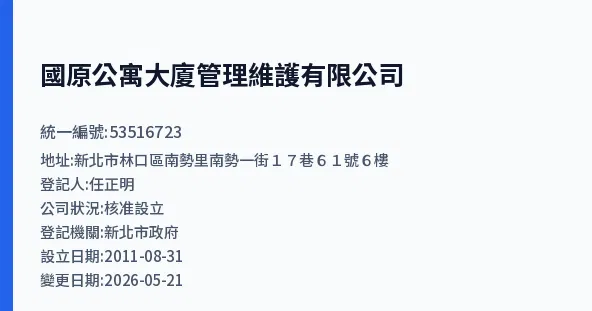 國原公寓大廈管理維護有限公司的照片-統編 53516723(新北市) 公司登記資料與營業項目詳細圖表
