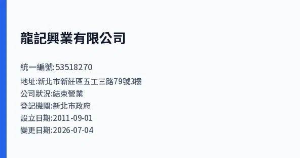 龍記興業有限公司的照片-統編 53518270(新北市) 公司登記資料與營業項目詳細圖表