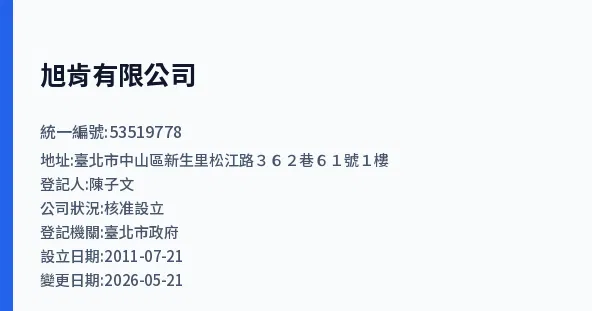 旭肯有限公司的照片-統編 53519778(臺北市) 公司登記資料與營業項目詳細圖表