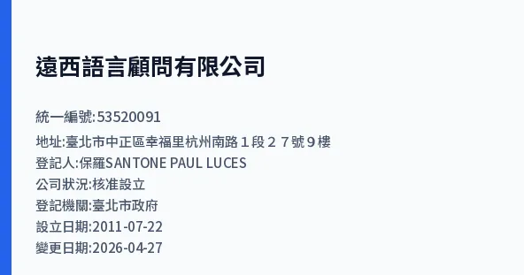 遠西語言顧問有限公司的照片-統編 53520091(臺北市) 公司登記資料與營業項目詳細圖表