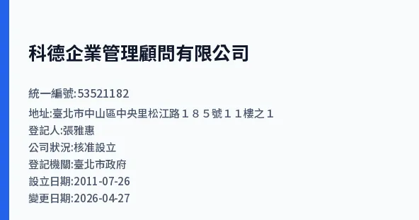 科德企業管理顧問有限公司的照片-統編 53521182(臺北市) 公司登記資料與營業項目詳細圖表