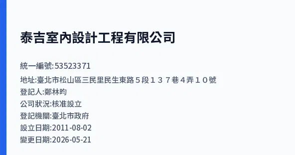 泰吉室內設計工程有限公司的照片-統編 53523371(臺北市) 公司登記資料與營業項目詳細圖表