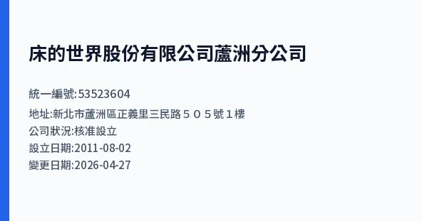 床的世界股份有限公司蘆洲分公司的照片-統編 53523604(新北市) 公司登記資料與營業項目詳細圖表